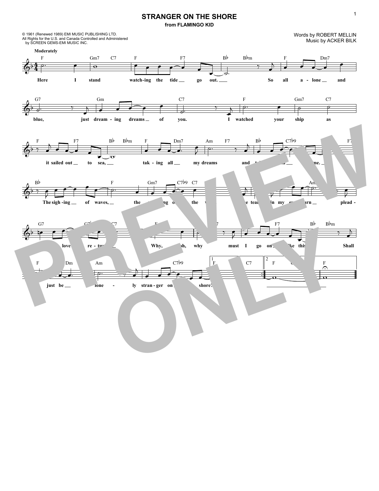 Acker Bilk Stranger On The Shore Sheet Music And Chords Printable Lead Sheet Fake Boo Pdf