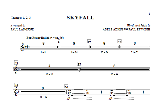 Adele "Skyfall (arr. Paul Langford) - Bb Trumpets 1,2,3" Sheet Music ...