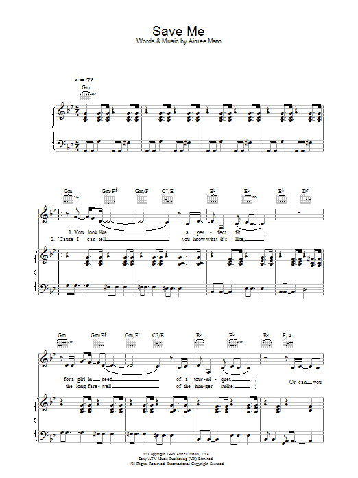 Aimee Mann "Save Me" Sheet Music for Piano, Vocal & Guitar | Download ...