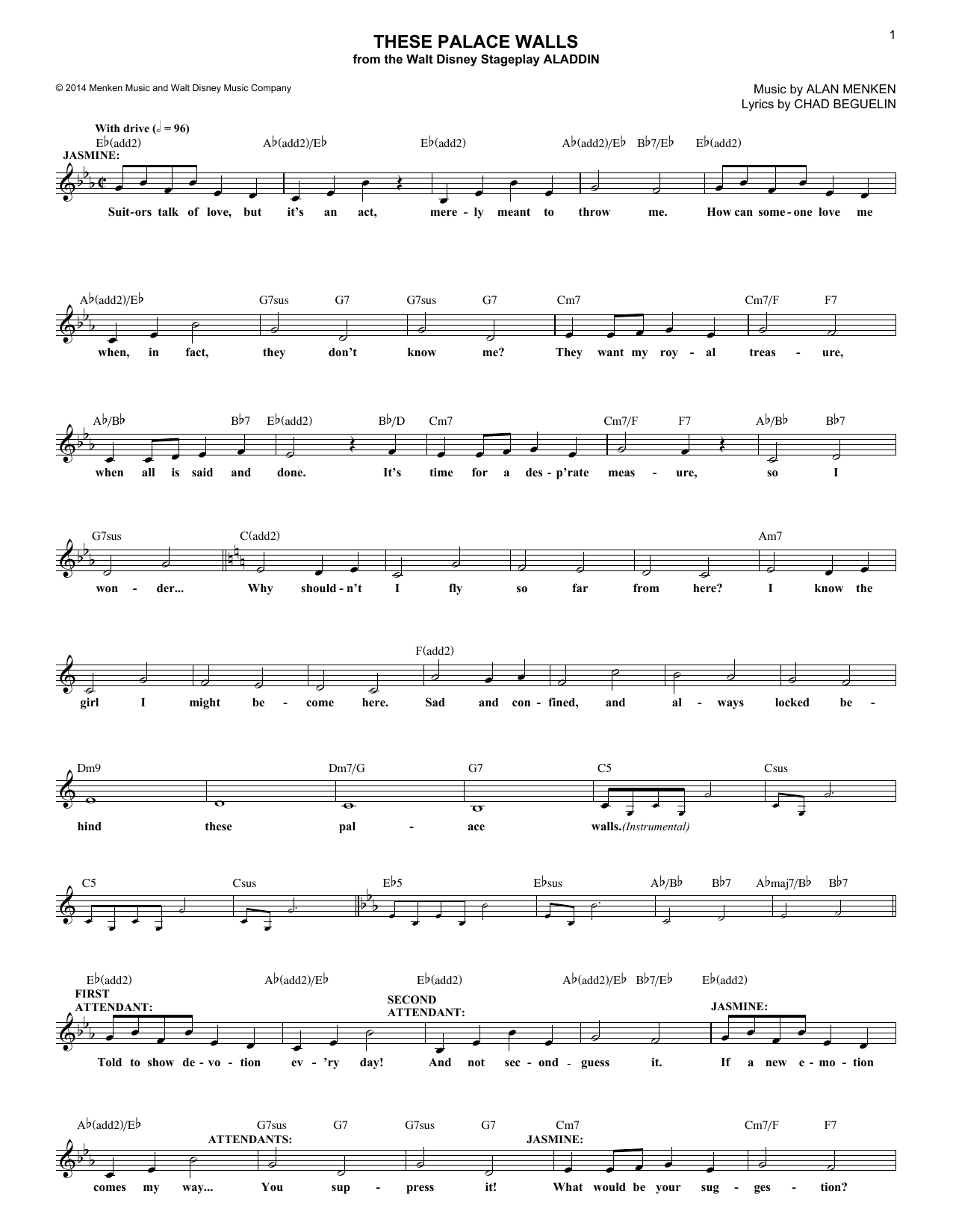 These Palace Walls Sheet Music by Alan Menken | Lead Sheet / Fake Boo ...
