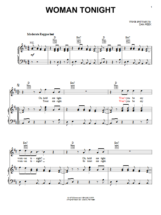 America 'Woman Tonight' Sheet Music, Chords & Lyrics | Download ...