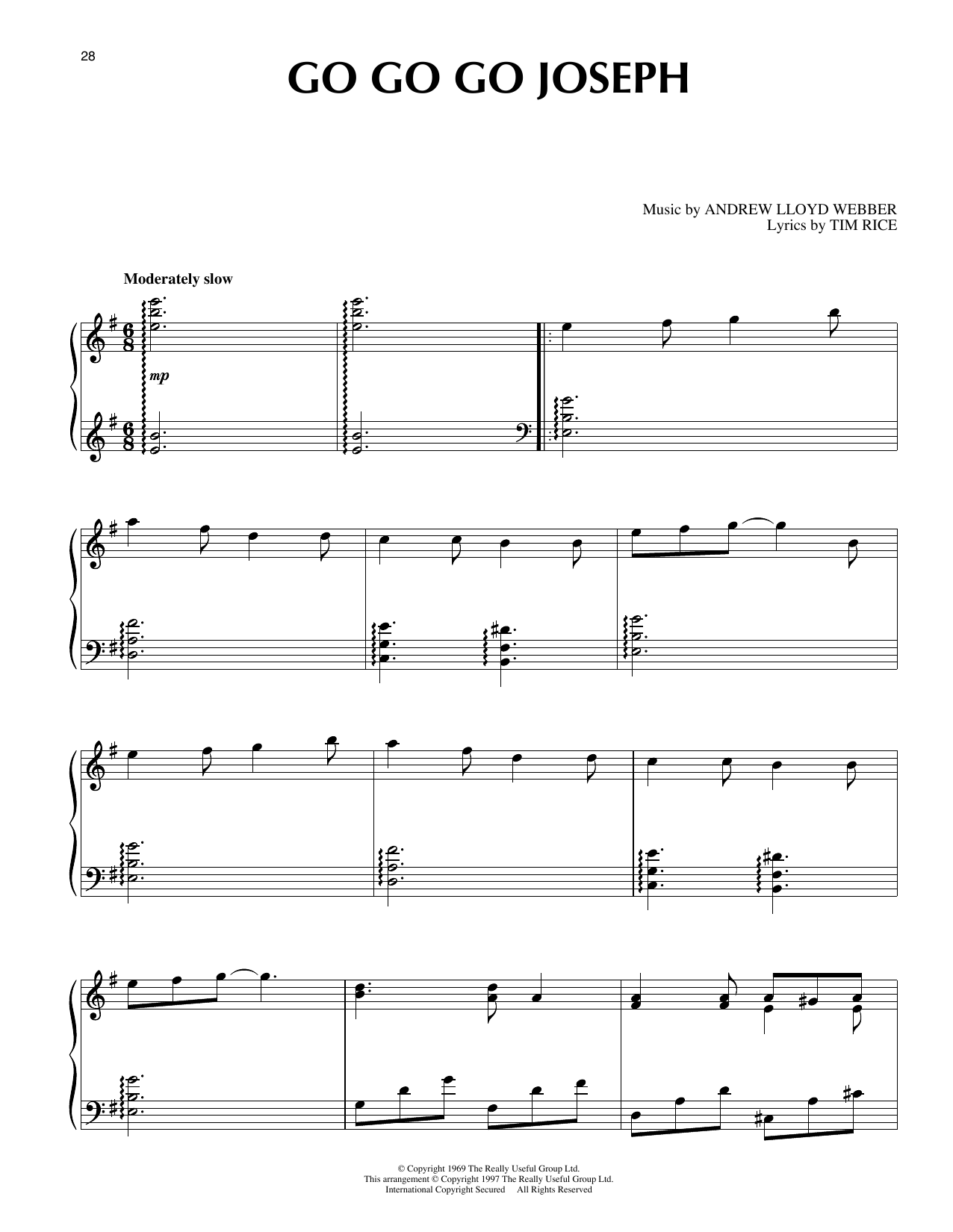 Andrew Lloyd Webber "Go Go Go Joseph" Sheet Music for Piano Solo ...