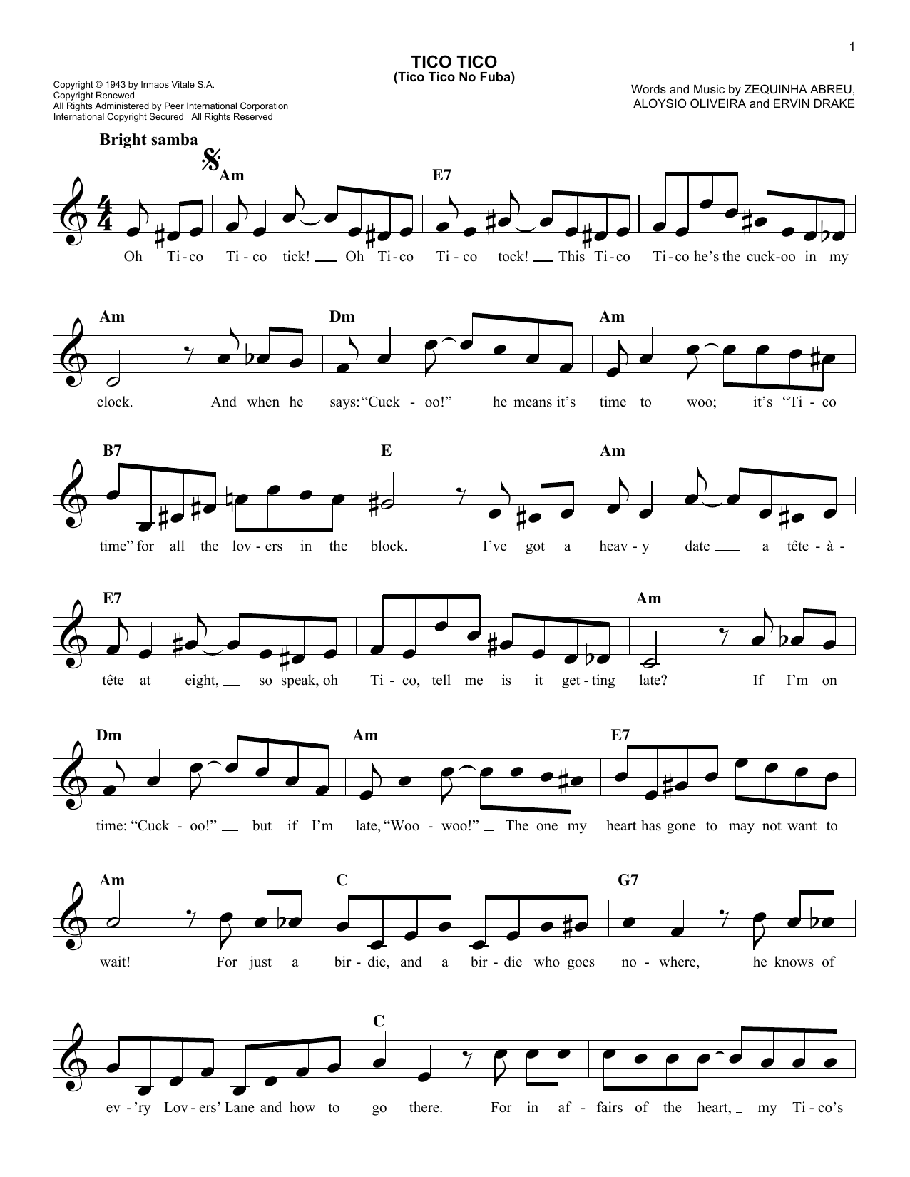 Andrews Sisters "Tico Tico" Sheet Music for Easy Lead Sheet / Fak ...