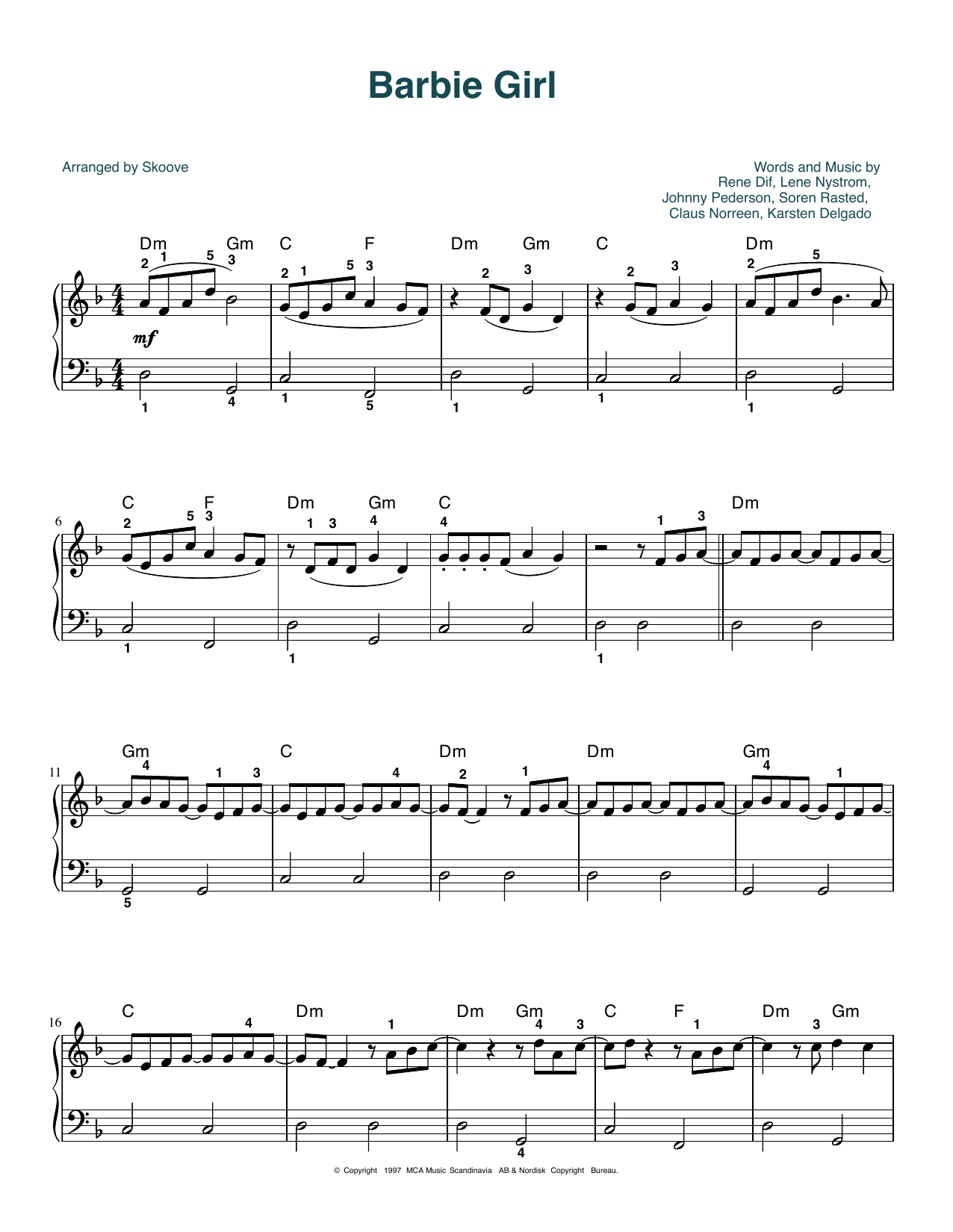 Download Aqua Barbie Girl Sheet Music For Easy Piano Chordslyrics Pdf 1372055