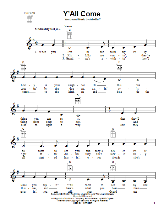 Arlie Duff "Y'All Come" Sheet Music for Piano, Vocal & Guitar ...