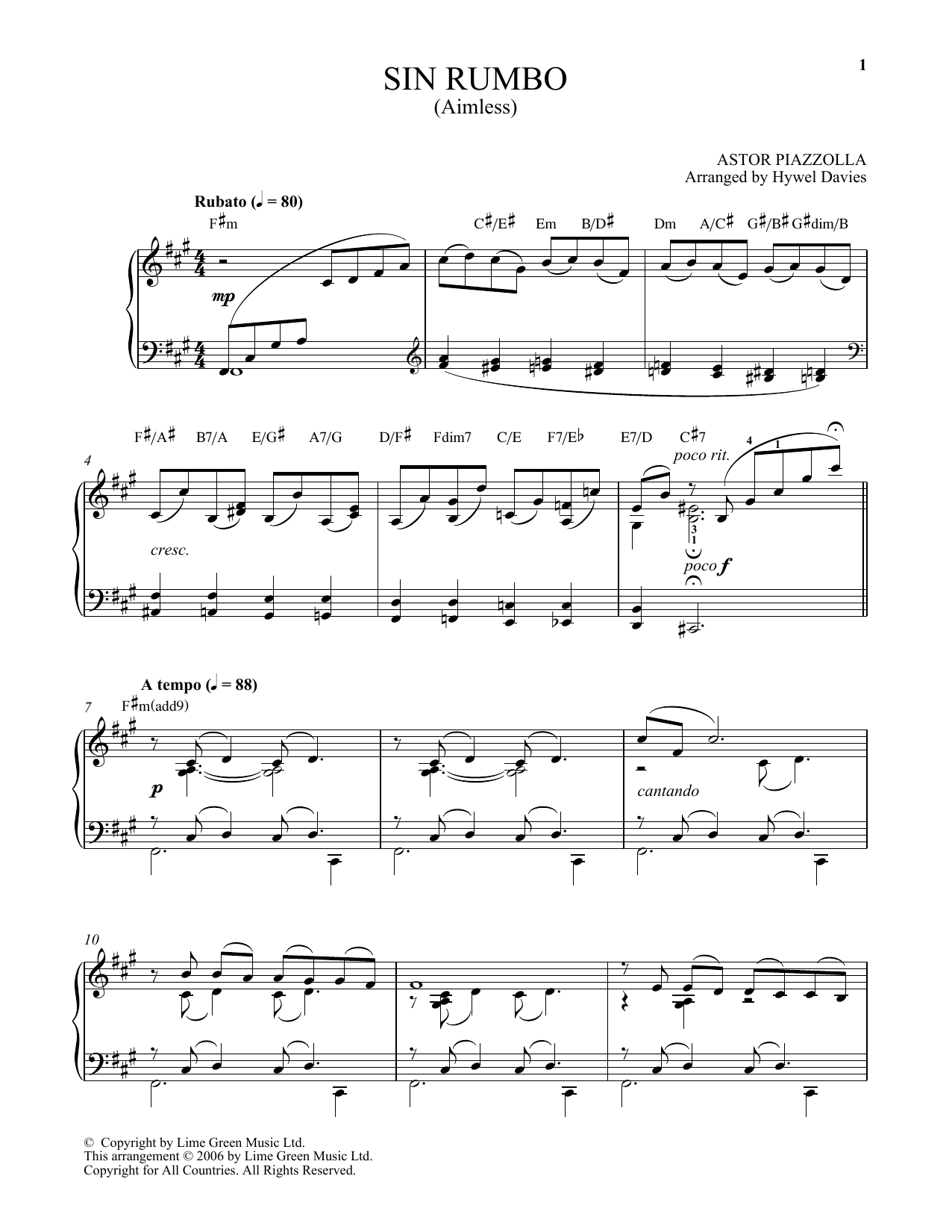 Sin Rumbo Sheet Music by Astor Piazzolla | Easy Piano | Download 5-Page ...