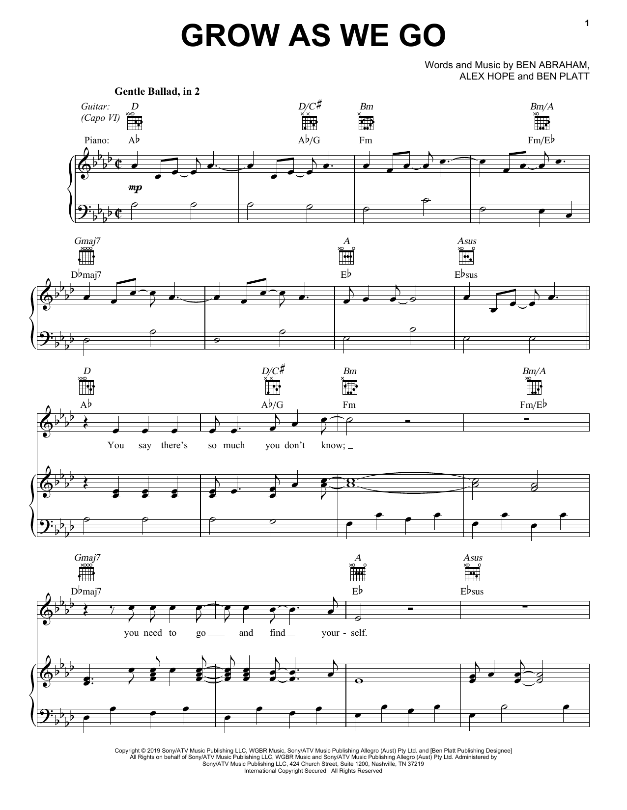 Ben Platt "Grow As We Go" Sheet Music for Piano, Vocal & Guitar ...