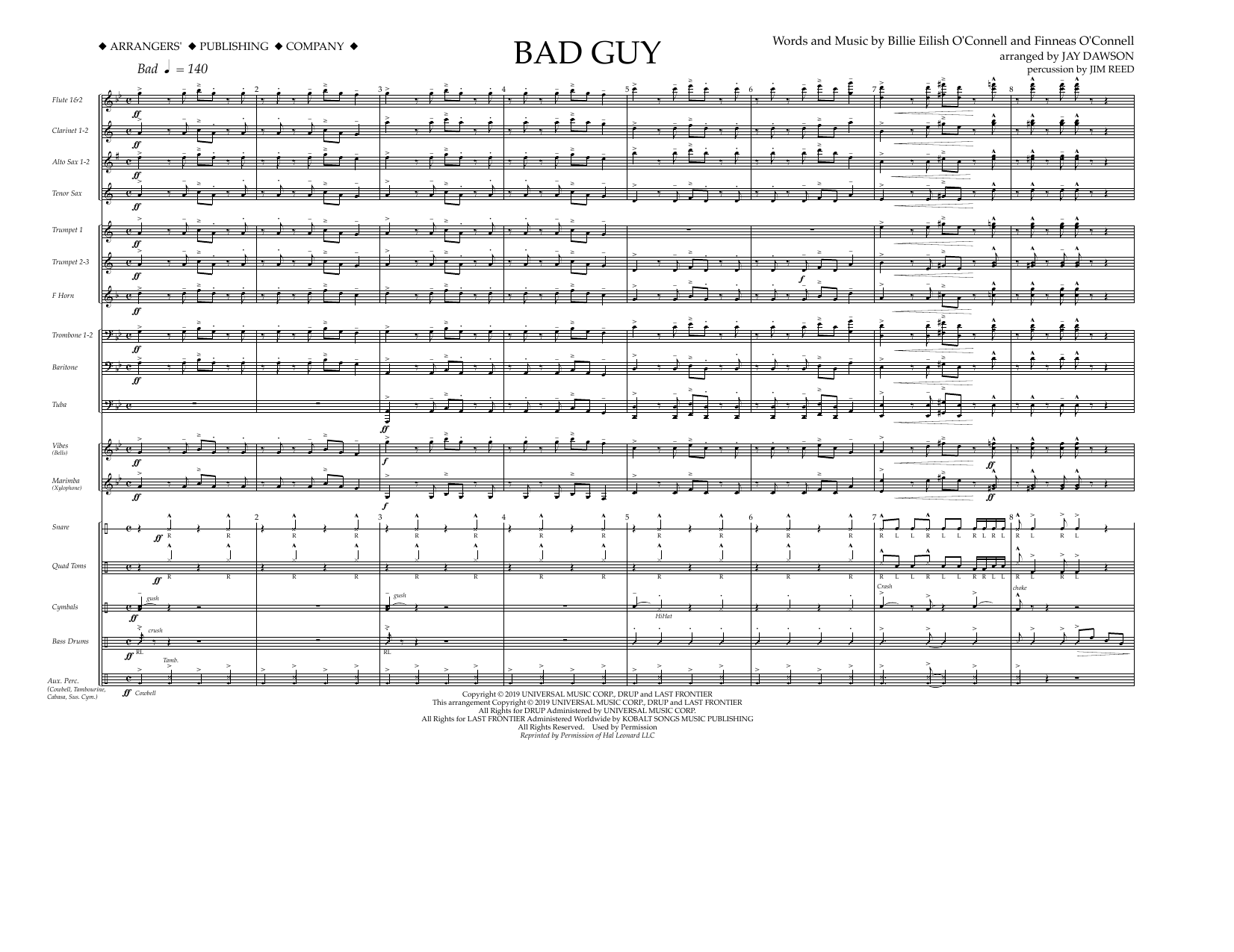 Billie Eilish "Bad Guy (arr. Jay Dawson) - Conductor" Sheet Music PDF ...