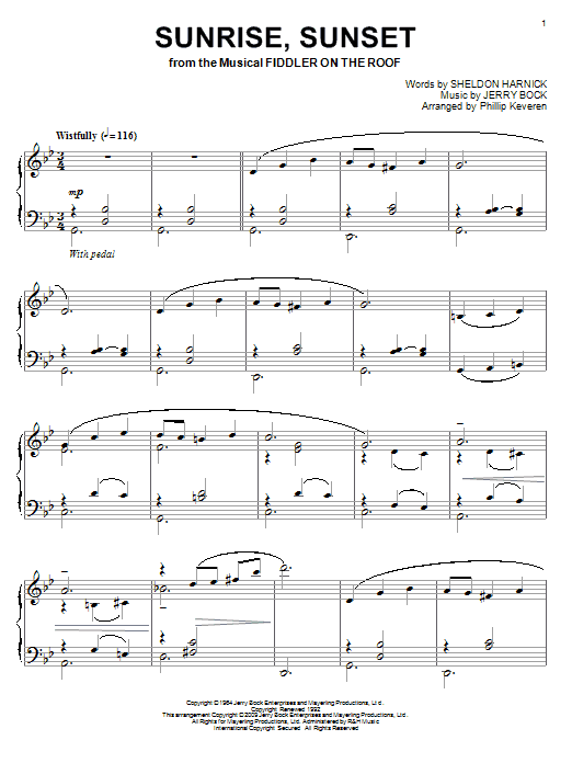 Bock & Harnick "Sunrise, Sunset" Sheet Music for Piano Solo | Download ...