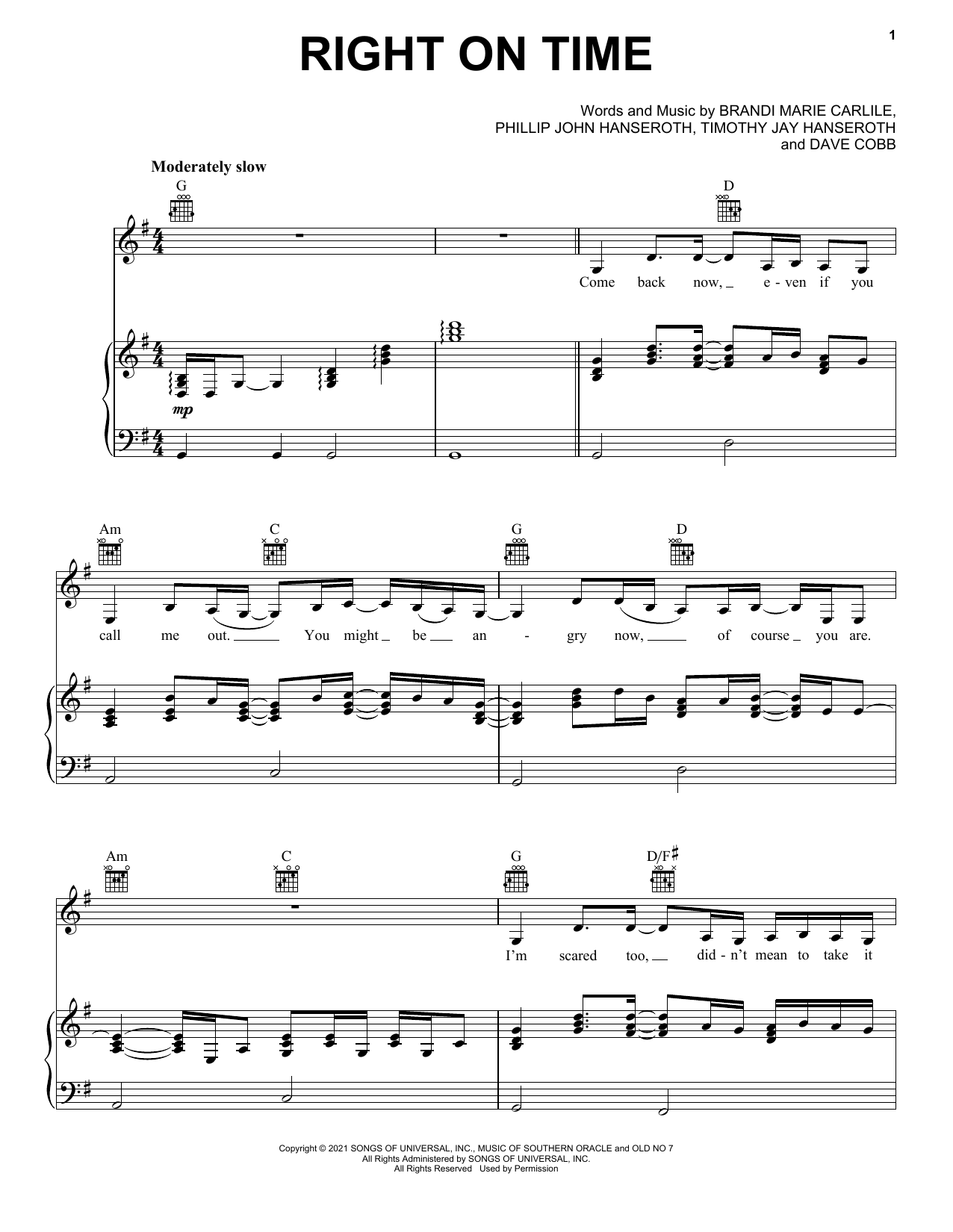 Brandi Carlile "Right On Time" Sheet Music & Chords for Piano, Vocal ...