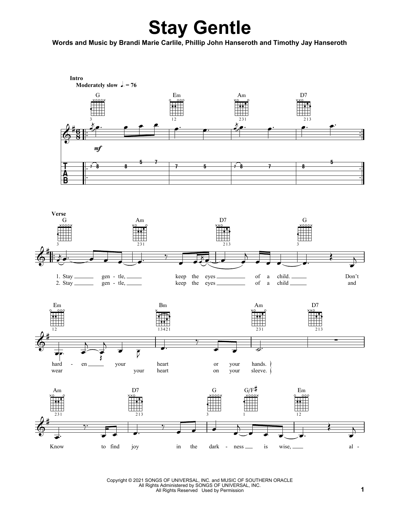Brandi Carlile "Stay Gentle" Sheet Music for Solo Guitar | Download PDF ...