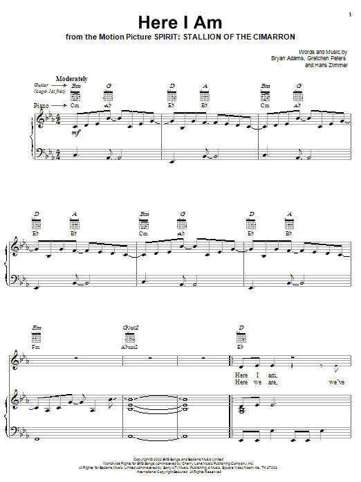 Bryan Adams "Here I Am" Sheet Music for Piano, Vocal & Guitar ...