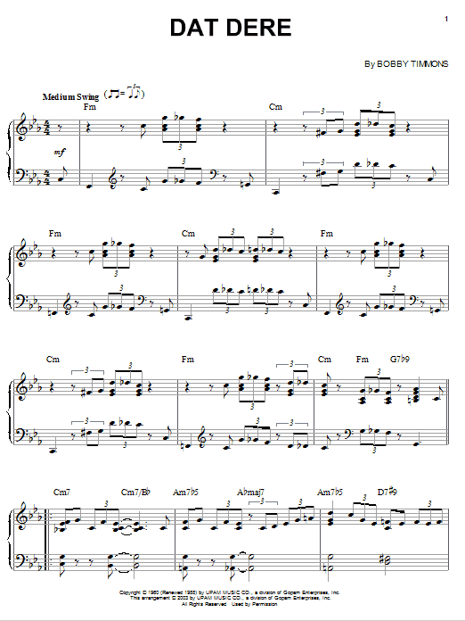 Cannonball Adderley "Dat Dere" Sheet Music PDF Notes, Chords | Blues ...