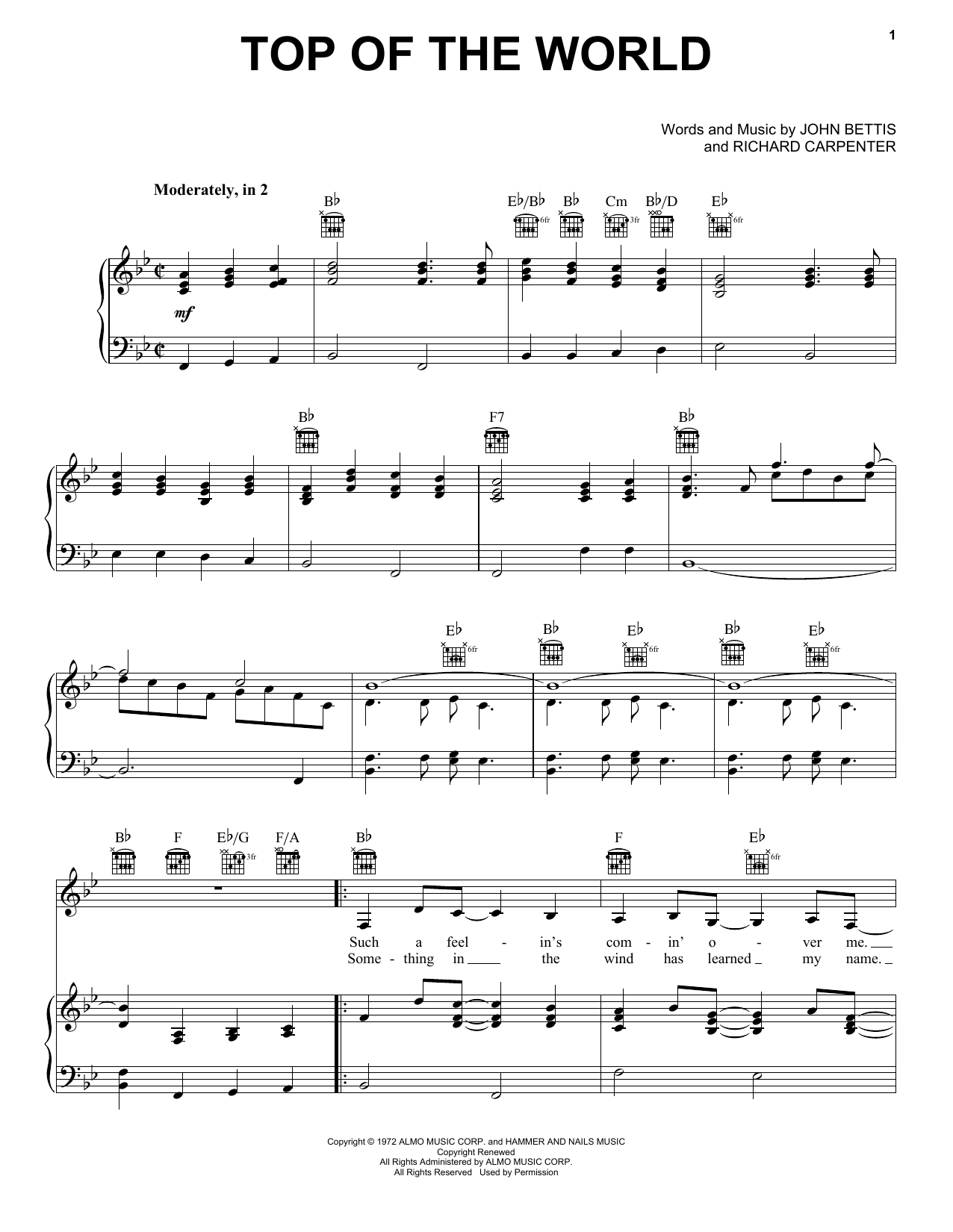 Carpenters Top Of The World Sheet Music PDF Notes Chords Pop Score