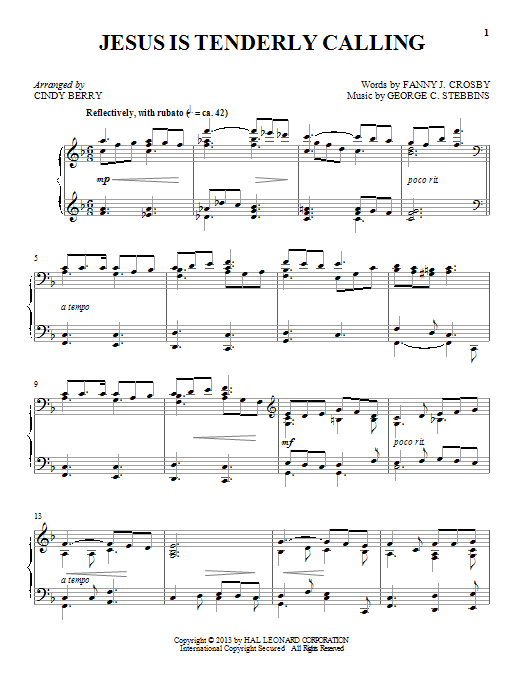 Cindy Berry "Jesus Is Tenderly Calling" Sheet Music for Piano Solo ...