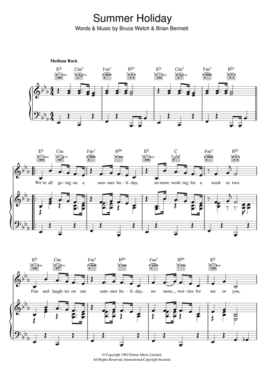 Cliff Richard Summer Holiday Sheet Music For Guitar Chords Lyrics