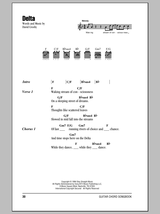 Crosby, Stills & Nash "Delta" Sheet Music for Guitar Chords/Lyrics ...