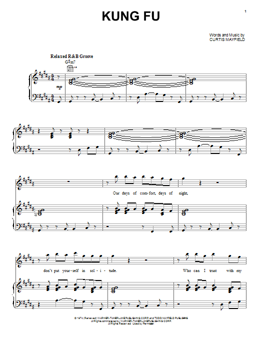 Curtis Mayfield "Kung Fu" Sheet Music for Piano, Vocal & Guitar ...