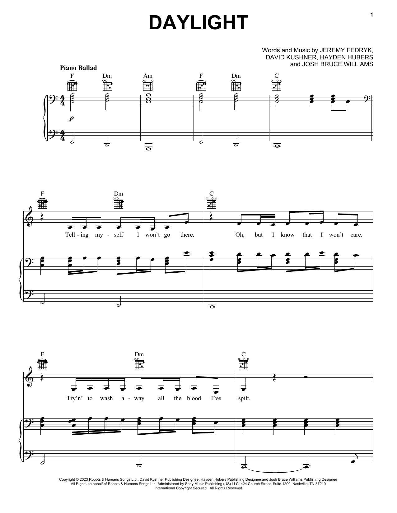 David Kushner Daylight Sheet Music For Piano Vocal Guitar