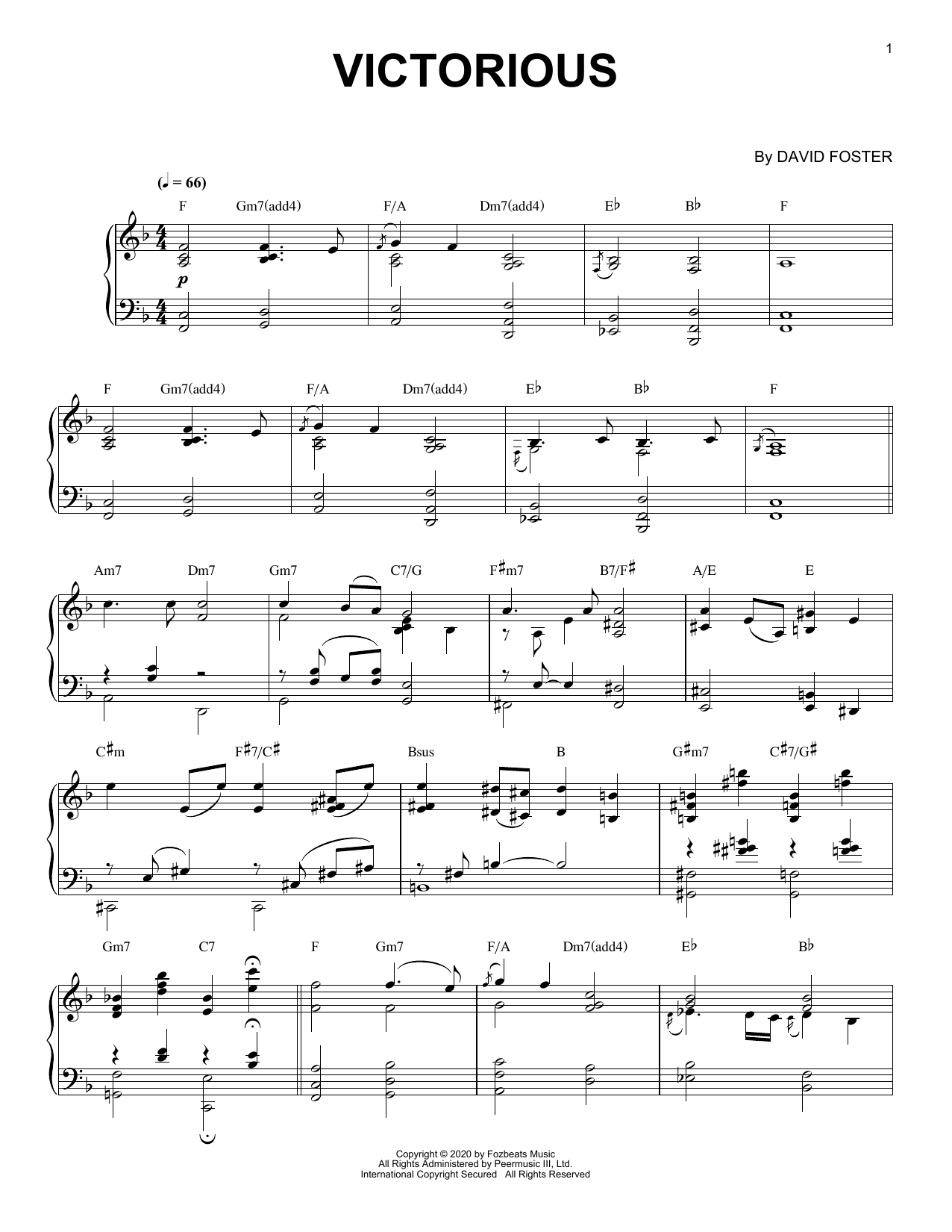David Foster "Victorious" Sheet Music for Piano Solo | Download PDF ...
