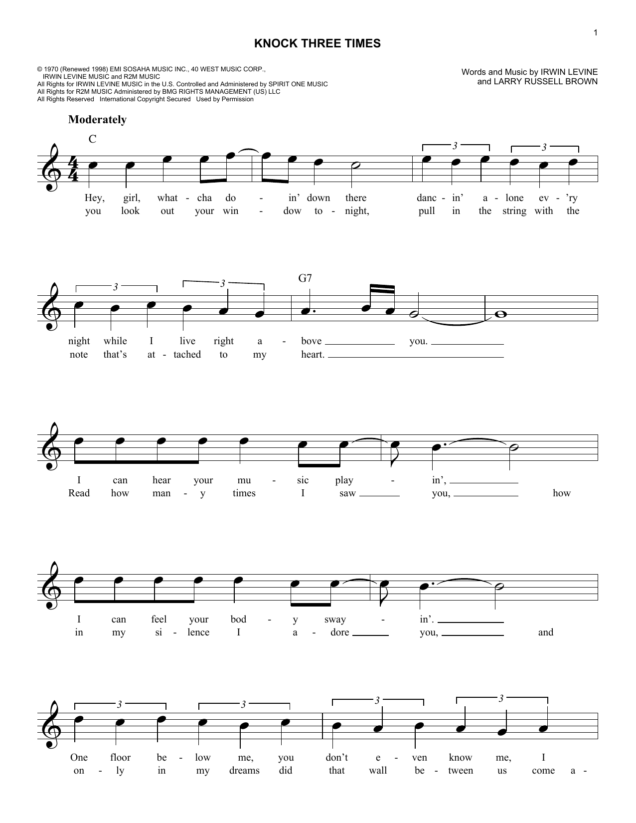 Dawn "Knock Three Times" Sheet Music PDF Notes, Chords | Rock Score ...