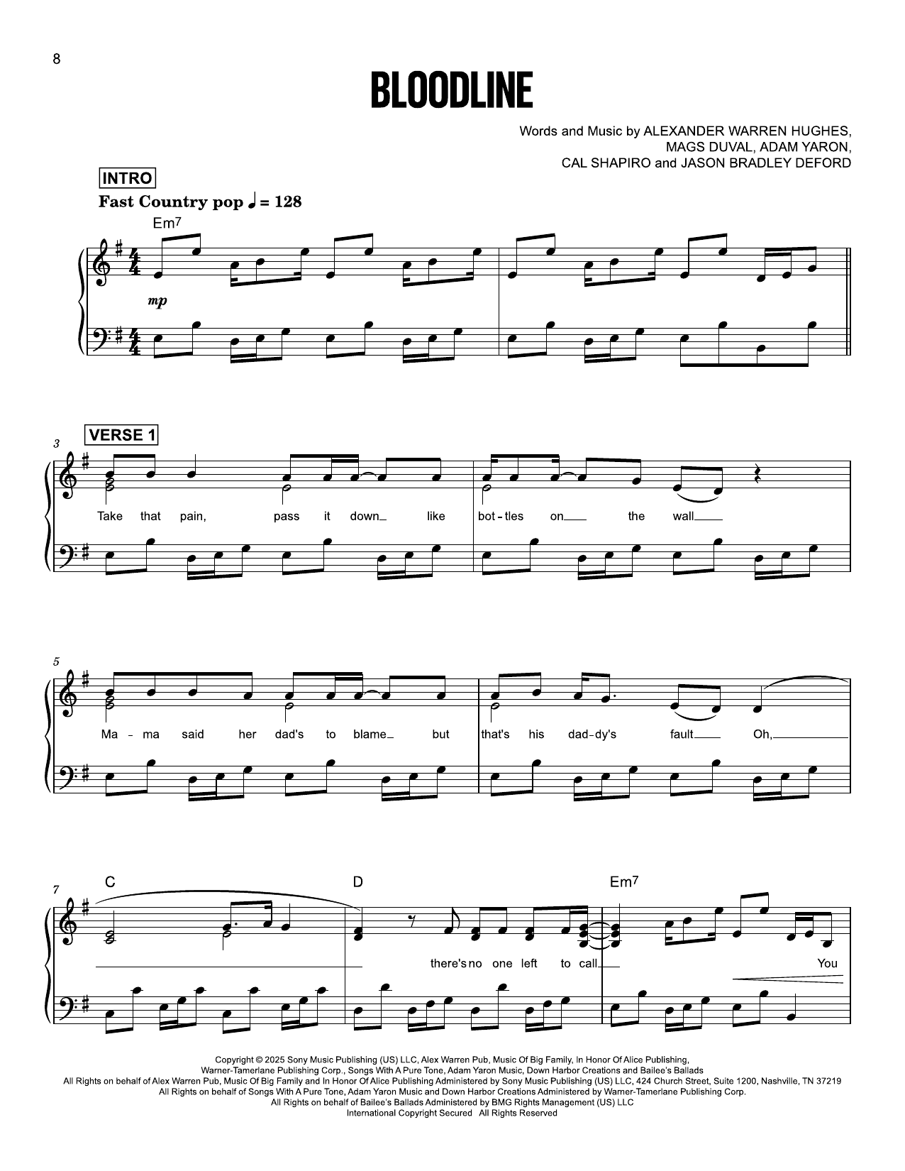 Download Bloodline Sheet Music PDF - Alex Warren with Jelly Roll ...