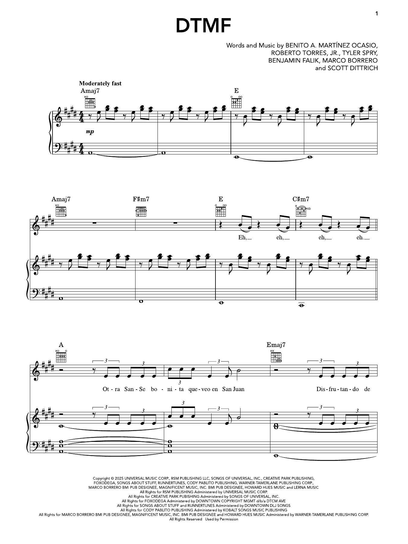 Download DtMF Sheet Music PDF - Bad Bunny | Piano + Lyrics - 1914147