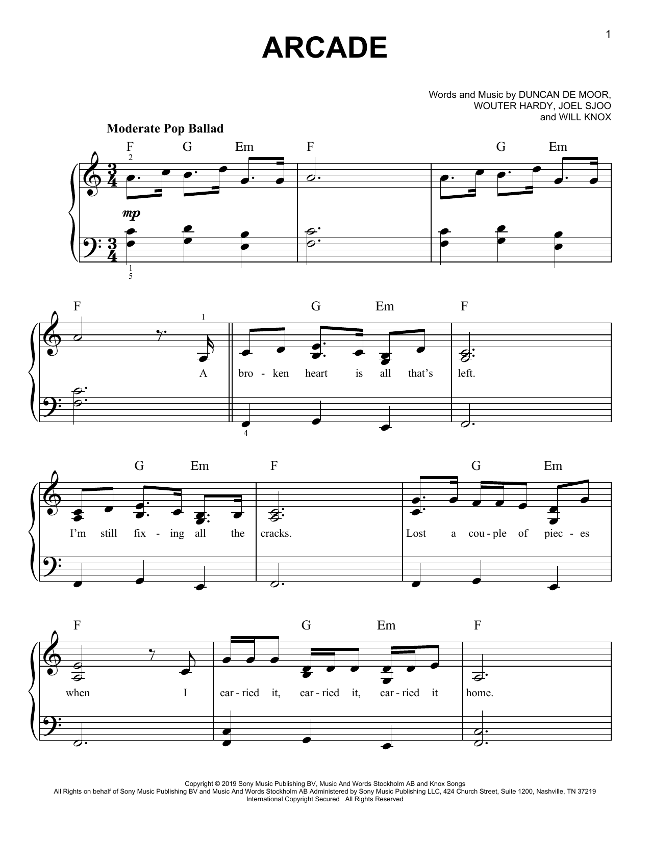 Duncan Laurence "Arcade" Sheet Music for Easy Piano | Download PDF - 510219
