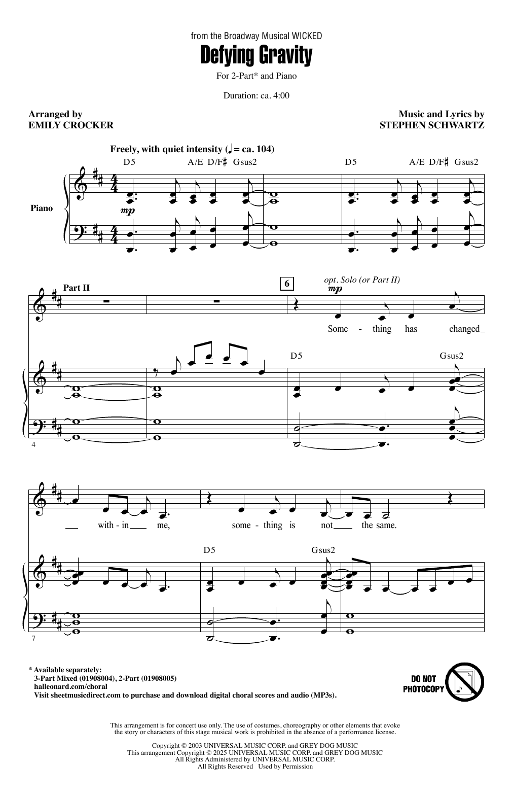 Download Defying Gravity - Stephen Schwartz | 2-Part Choir Sheet Music ...