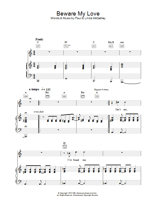 Download Beware My Love - Wings | Piano, Vocal & Guitar Sheet Music PDF ...