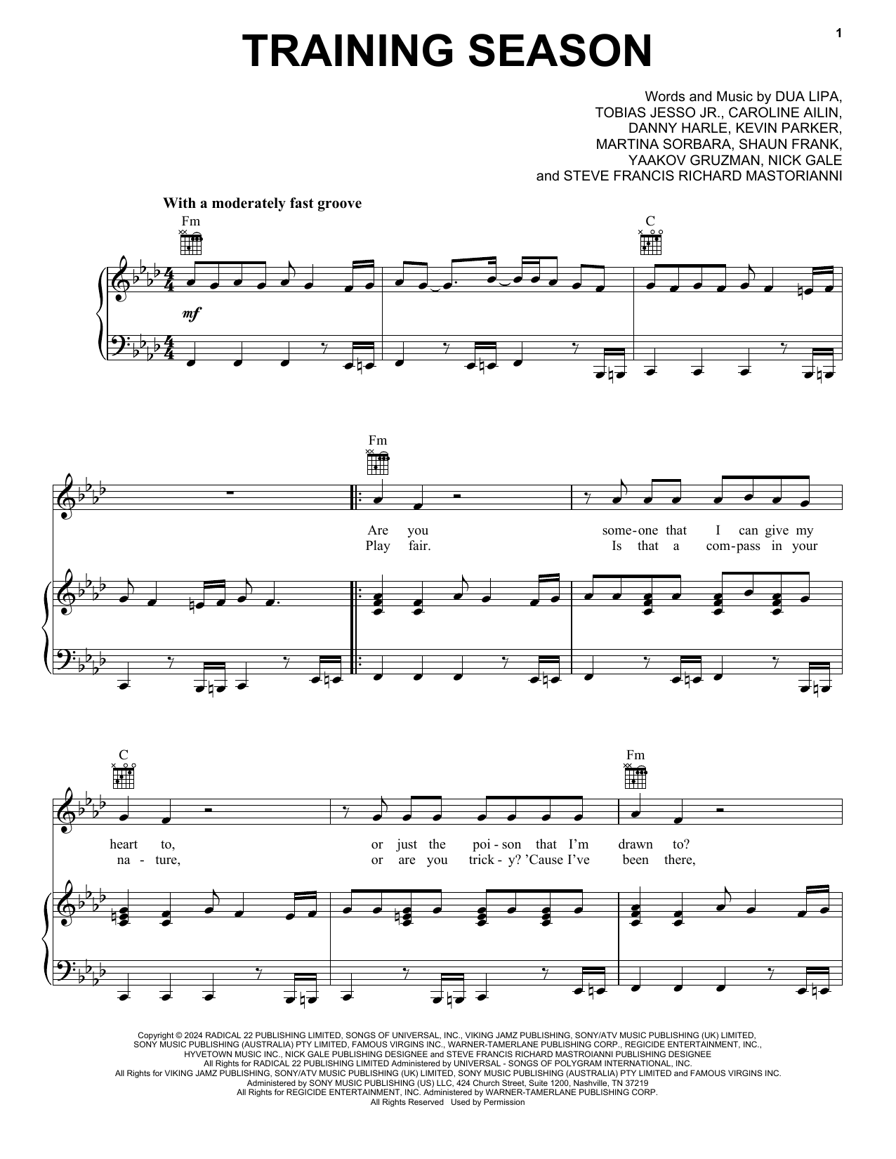 Dua Lipa "Training Season" Sheet Music for Piano, Vocal & Guitar ...