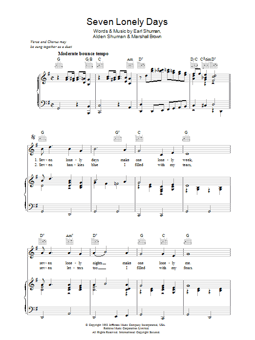 Earl Shuman "Seven Lonely Days" Sheet Music PDF Notes, Chords | Country ...