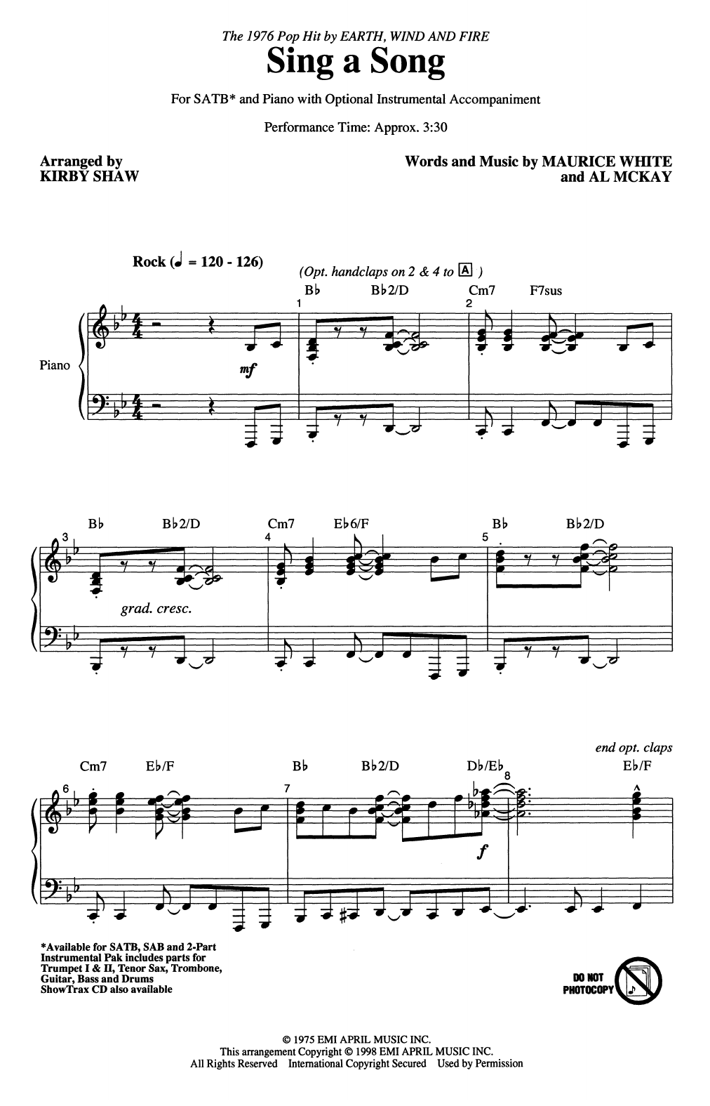 Earth, Wind & Fire "Sing A Song (arr. Kirby Shaw)" Sheet Music ...
