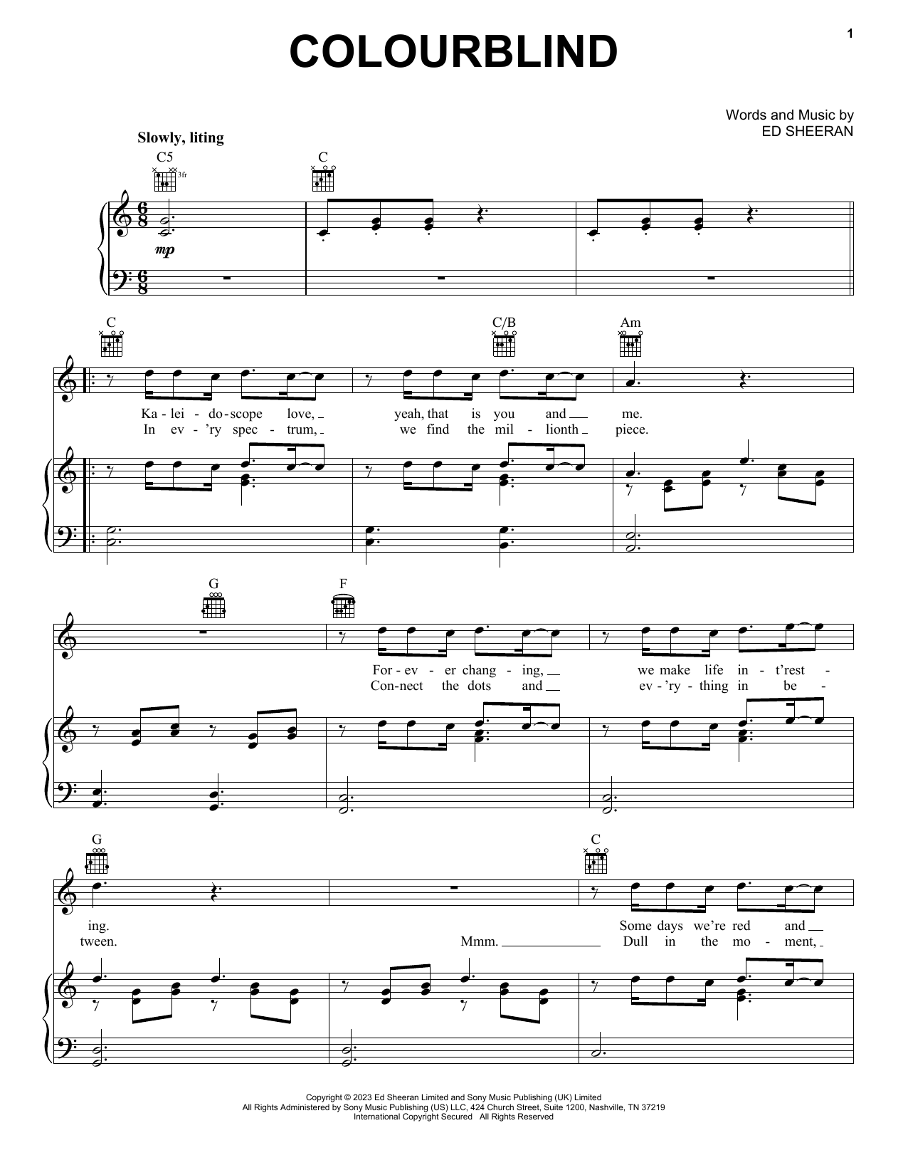 Ed Sheeran "Colourblind" Sheet Music for Piano, Vocal & Guitar ...