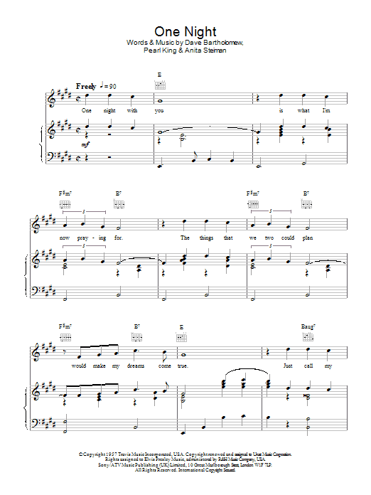 Elvis Presley "One Night" Sheet Music for Piano Chords/Lyrics ...