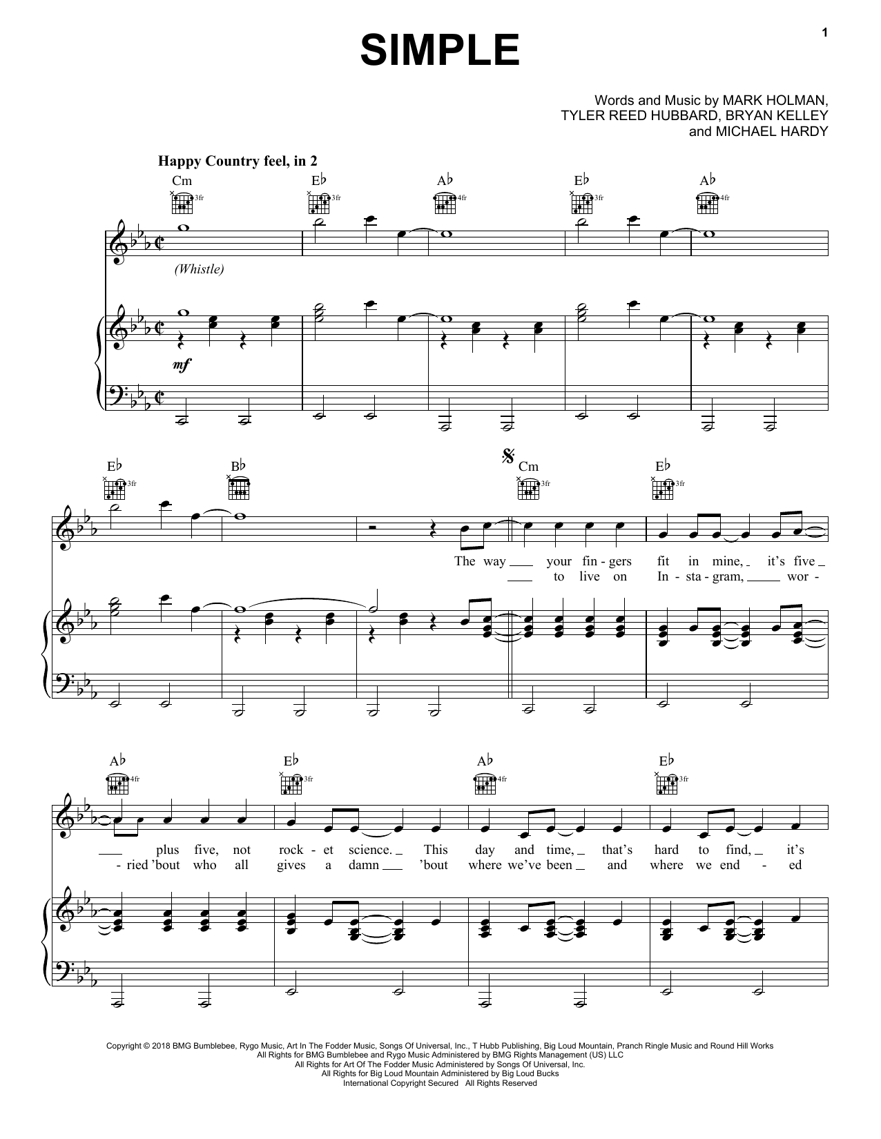 Florida Georgia Line "Simple" Sheet Music & PDF Chords | Very Easy ...