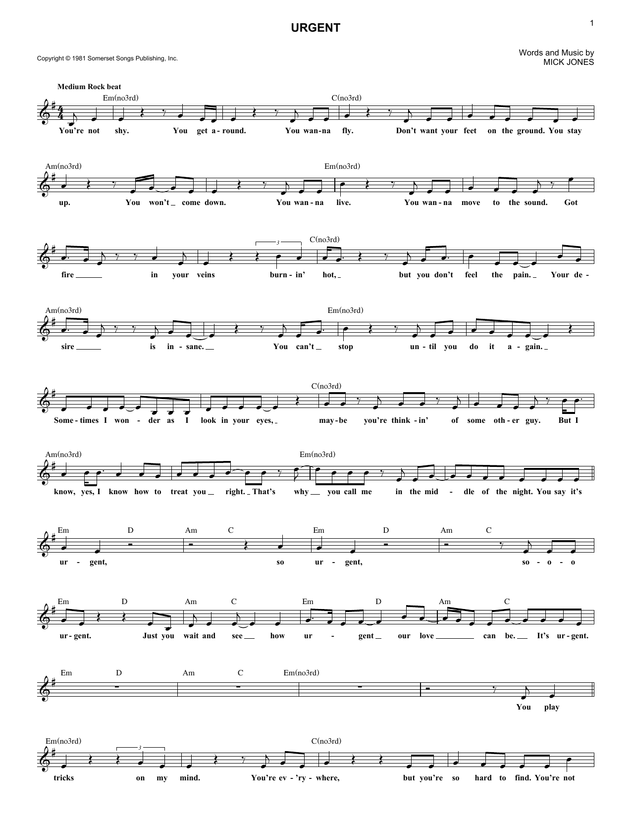Foreigner "Urgent" Sheet Music for Piano, Vocal & Guitar | Download PDF ...