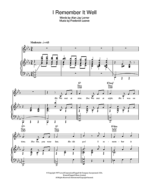 Frederick Loewe "I Remember It Well" Sheet Music for Piano, Vocal ...