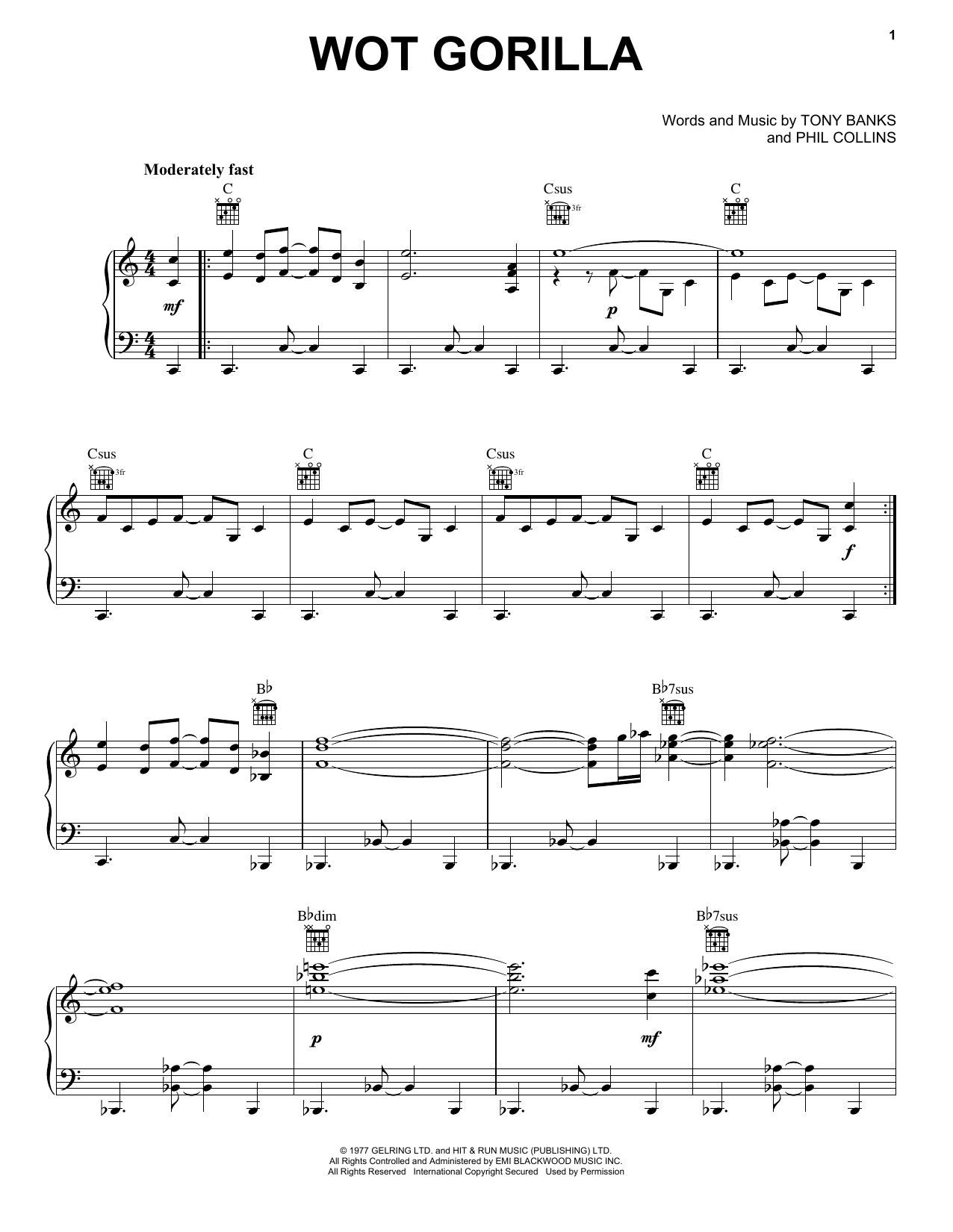 Genesis "Wot Gorilla" Sheet Music & PDF Chords | 4-Page Piano Solo Rock ...