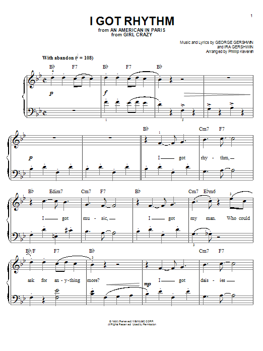 George Gershwin "I Got Rhythm" Sheet Music for Piano Solo | Download ...