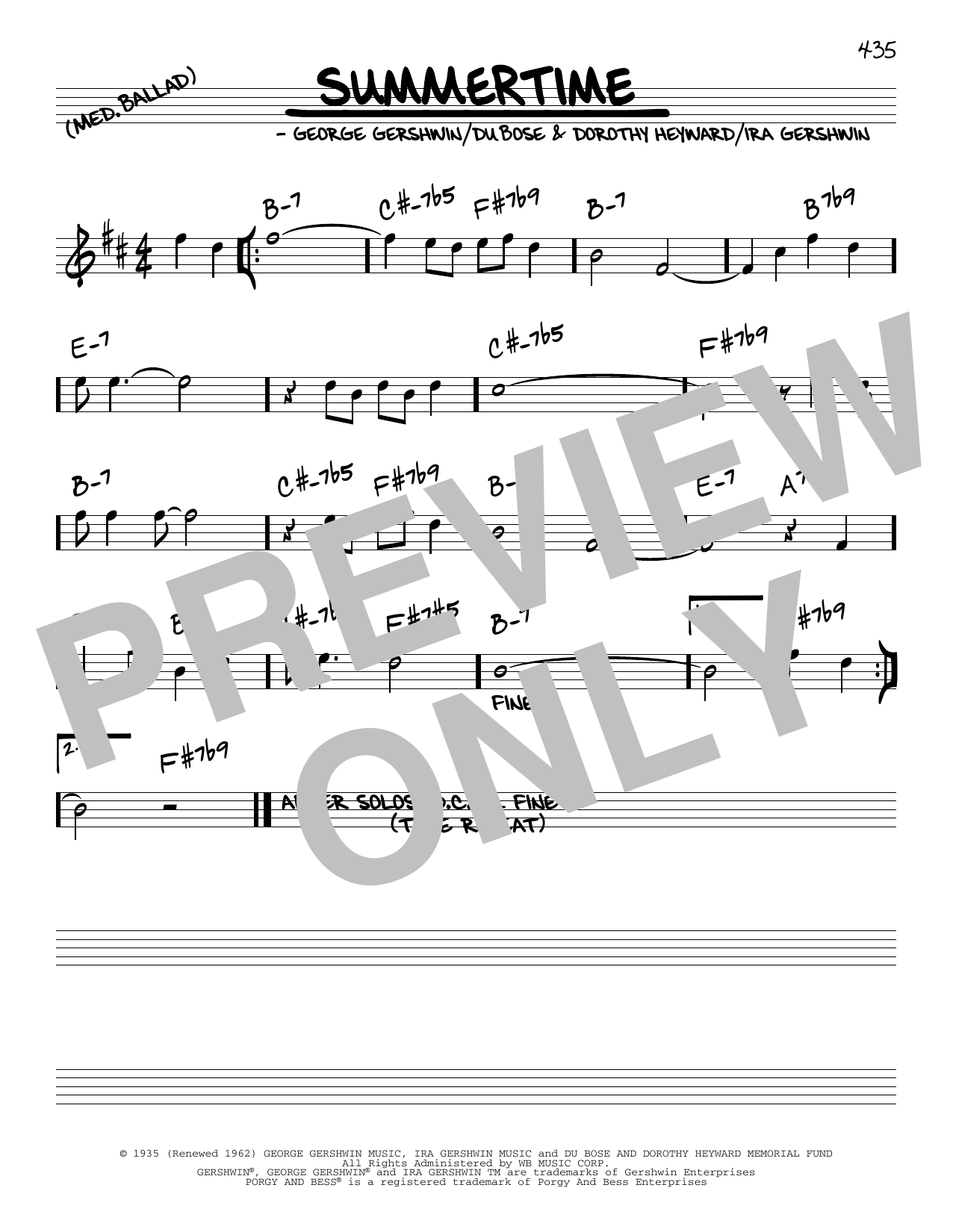 George Gershwin & Ira Gershwin "Summertime" Sheet Music for Real Book ...