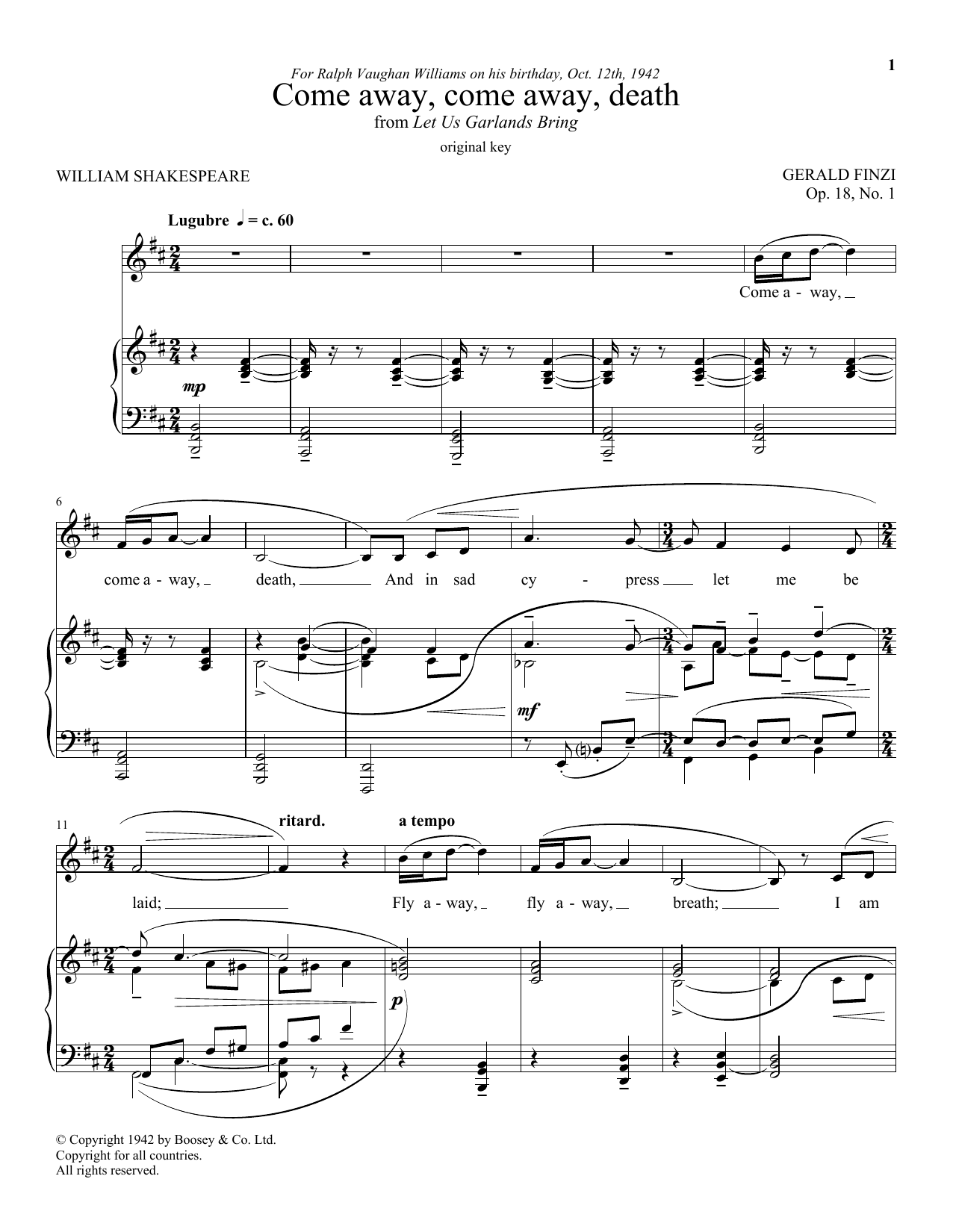 Download Gerald Finzi "Come Away, Come Away Death" Sheet Music & PDF ...