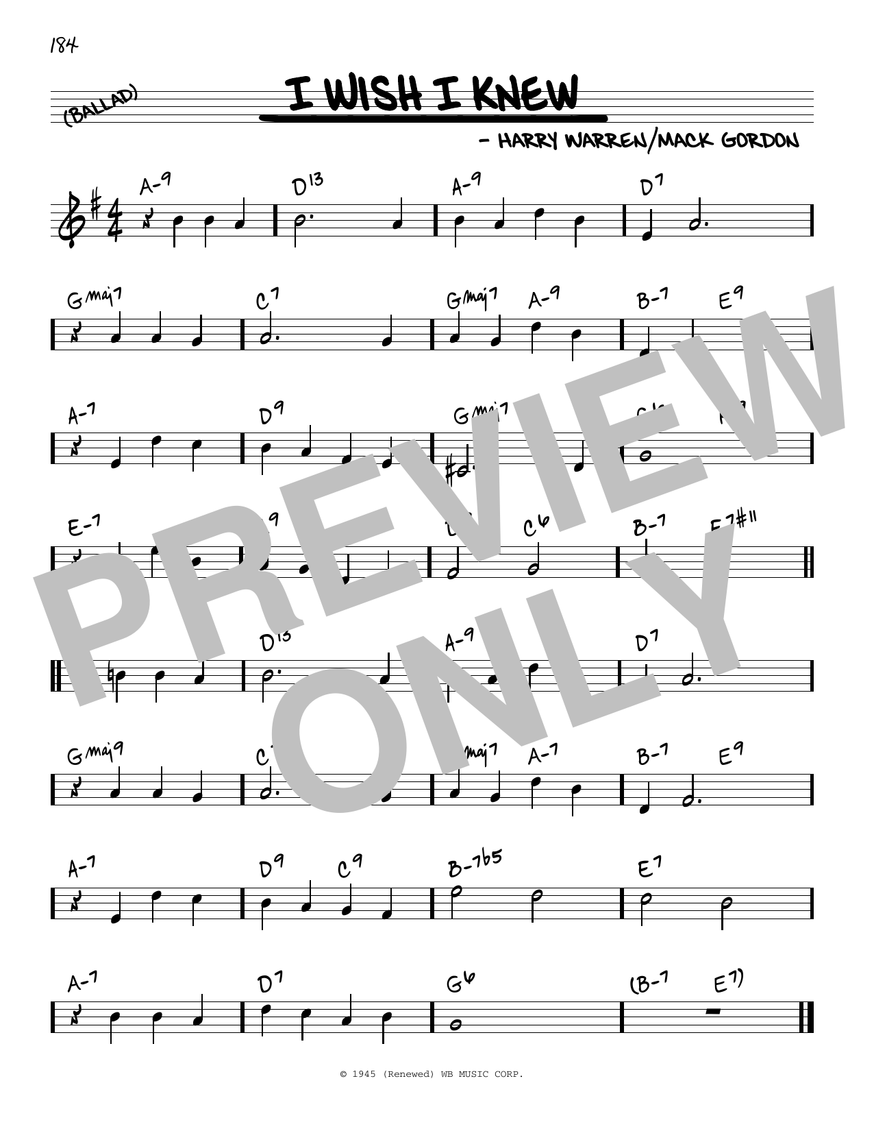 Harry Warren and Mack Gordon "I Wish I Knew" Sheet Music for Real Book ...
