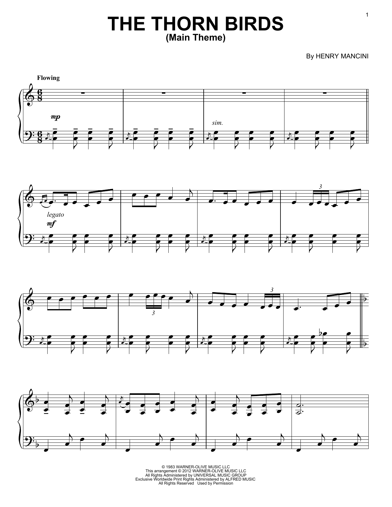 Henry Mancini The Thorn Birds Sheet Music For Piano Solo Download