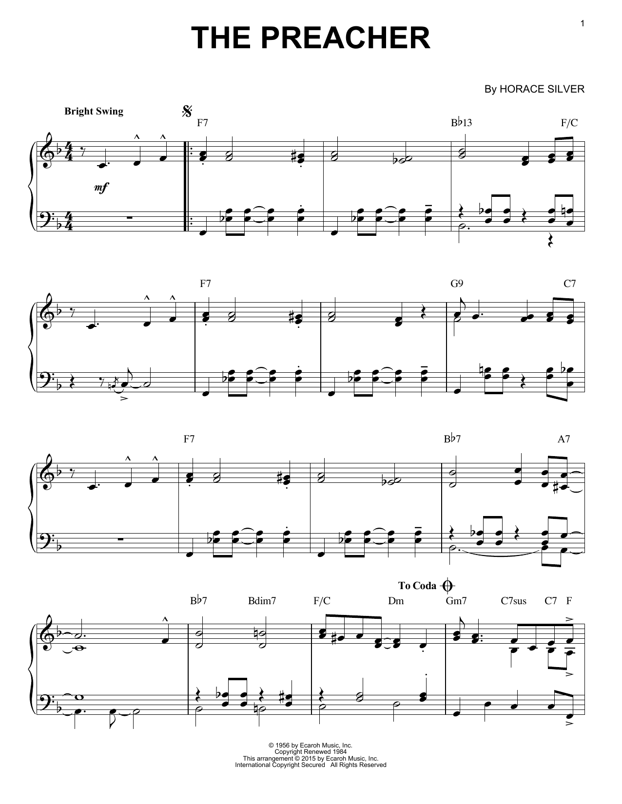 Horace Silver 'The Preacher (arr. Brent Edstrom)' Sheet Music, Chords ...