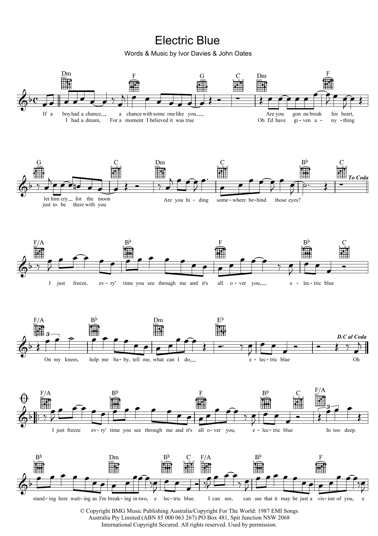 Icehouse "Electric Blue" Sheet Music & PDF Chords | Lead Sheet / Fake ...