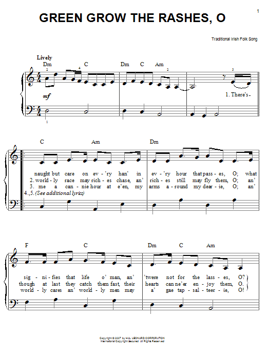 Irish Folksong "Green Grow The Rushes, O" Sheet Music for Easy Piano ...