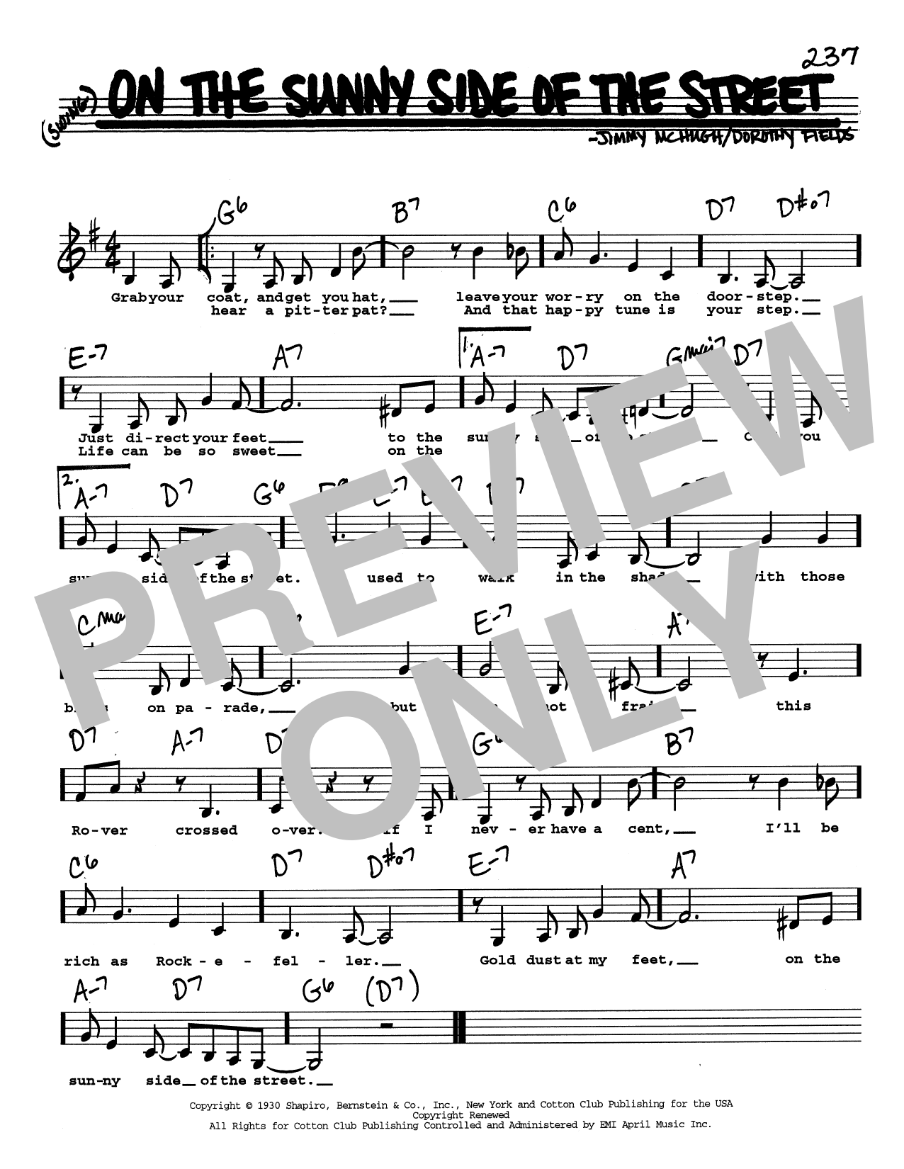 Jimmy McHugh "On The Sunny Side Of The Street" Sheet Music for Real ...