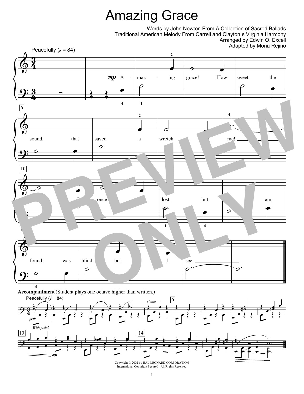 John Newton "Amazing Grace" Sheet Music for Educational Piano ...