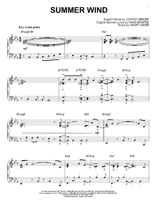 Johnny Mercer "Summer Wind [Jazz version]" Sheet Music for Piano Solo ...